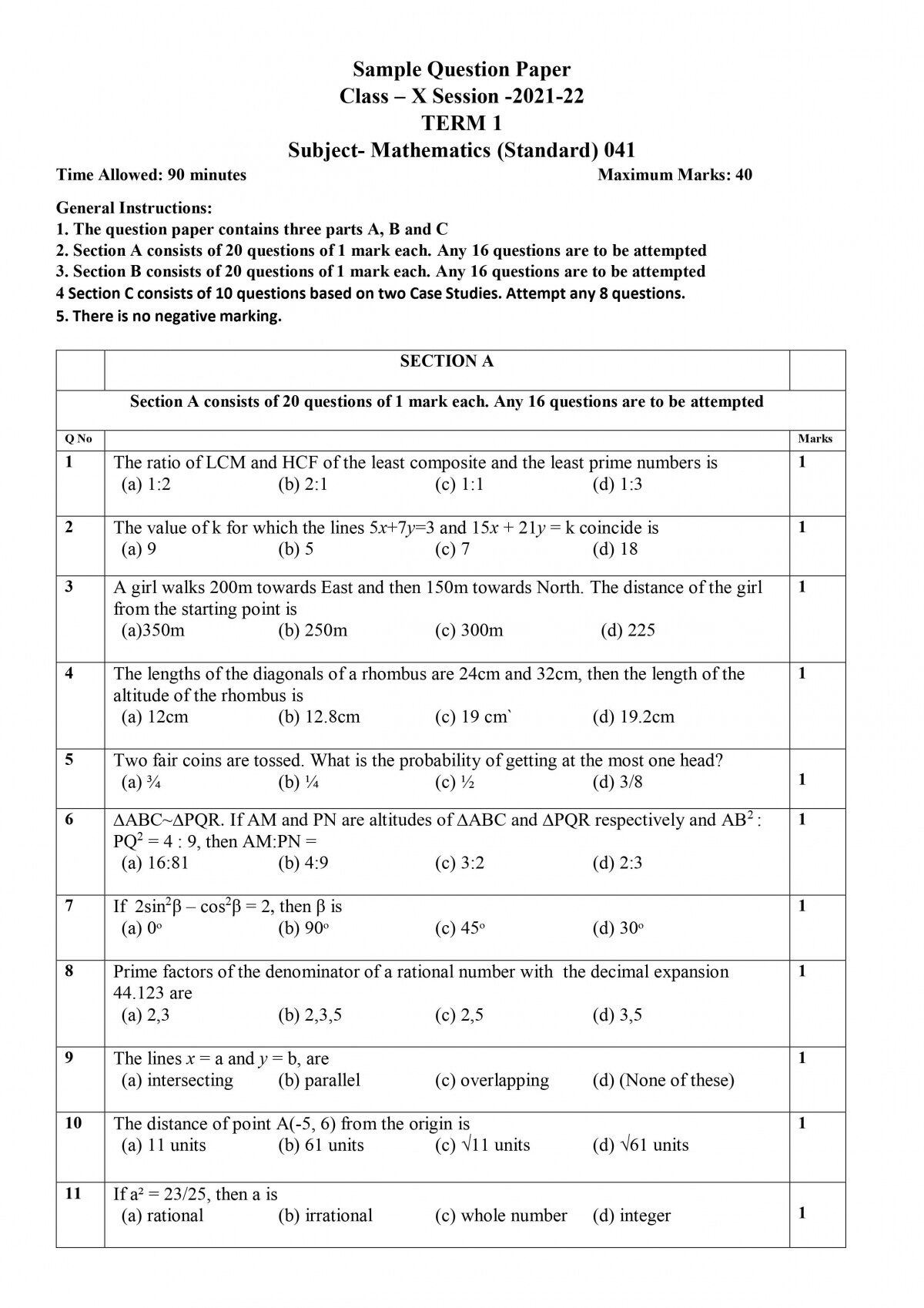 CBSE Class 10 Maths Standard Sample Paper In MCQ Format With Solutions CBSE Class 10 Maths Standard Sample Paper In MCQ Format With Solutions