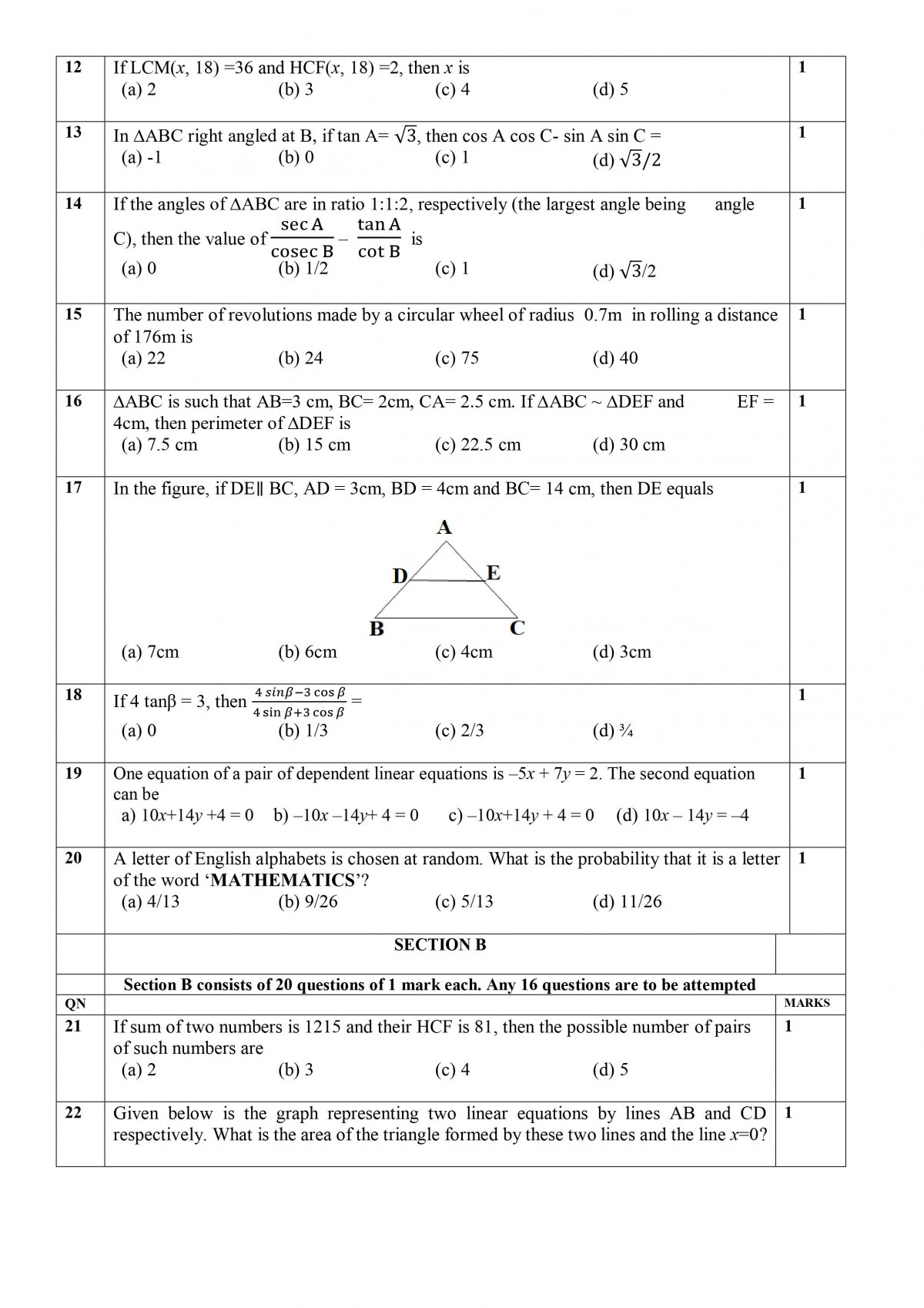 CBSE Class 10 Maths Standard Sample Paper In MCQ Format With Solutions CBSE Class 10 Maths Standard Sample Paper In MCQ Format With Solutions