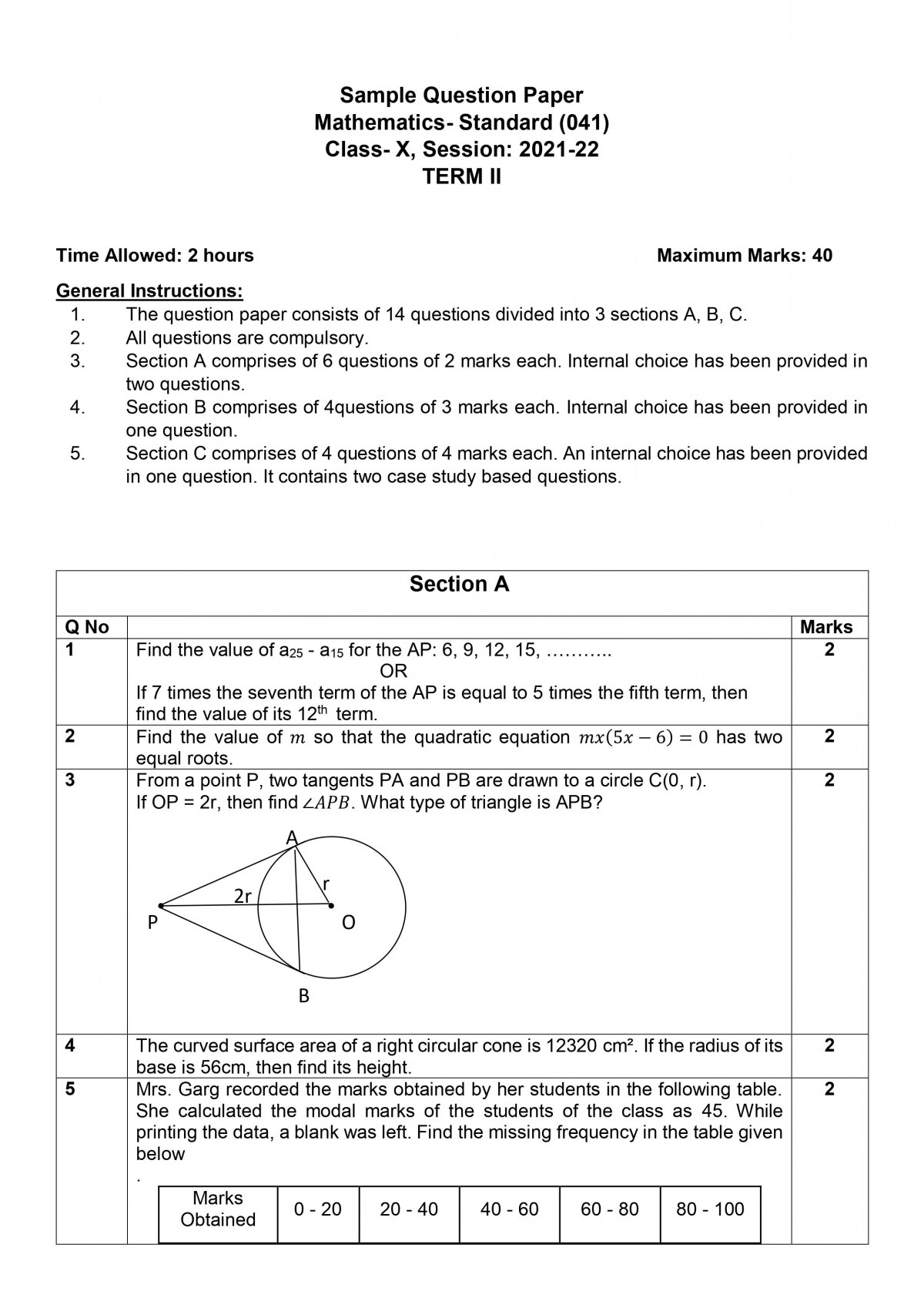 CBSE Class 10 Maths Standard Sample Paper With Solutions For Term 2 CBSE Class 10 Maths Standard Sample Paper With Solutions For Term 2