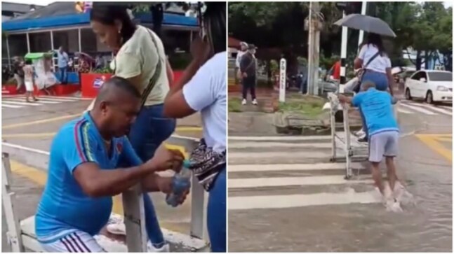 Man helps people cross waterlogged street with jugaad technique in ...