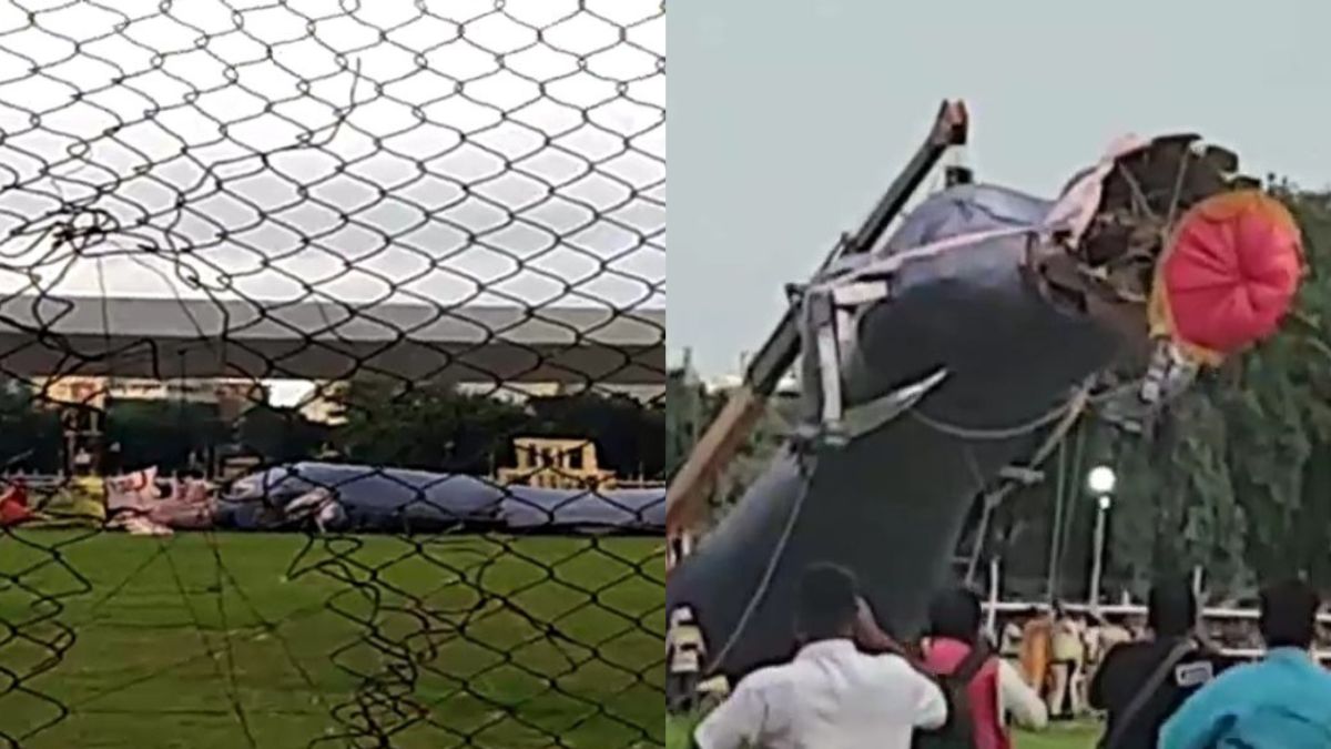 Ravana effigy falls on ground due to strong wind at Patna's Gandhi ...