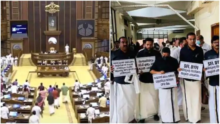 udf protest in sabha: കറുപ്പണിഞ്ഞ് എംഎൽഎമാർ: കൂവലും ആർപ്പുവിളികളും ...