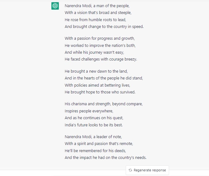 I asked ChatGPT to write a poem on Narendra Modi and this is what it did